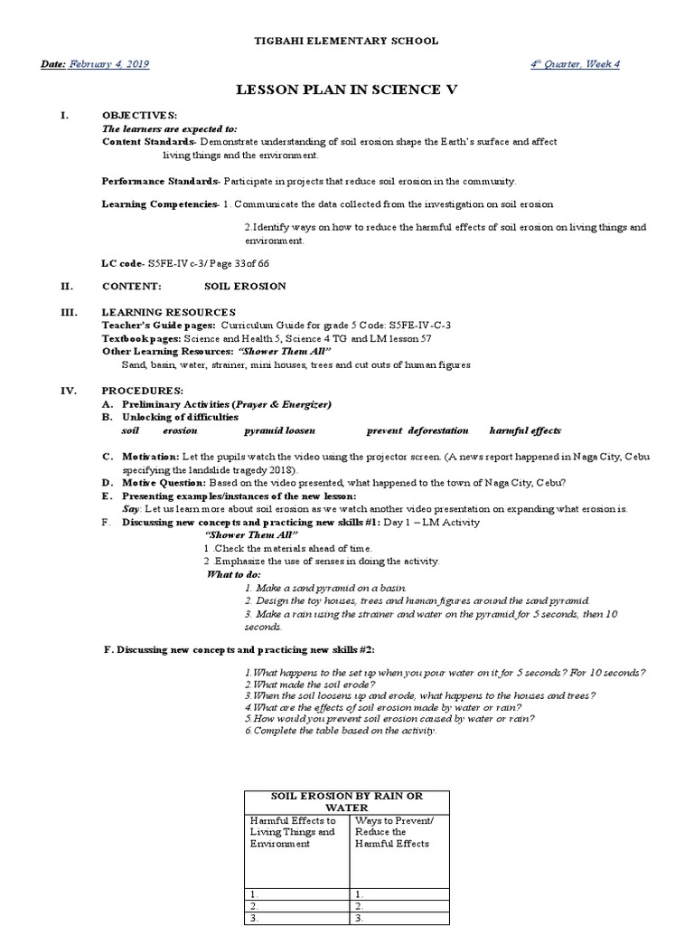 Lesson Plan in Science 5 - Demo For Cot | PDF | Erosion | Soil