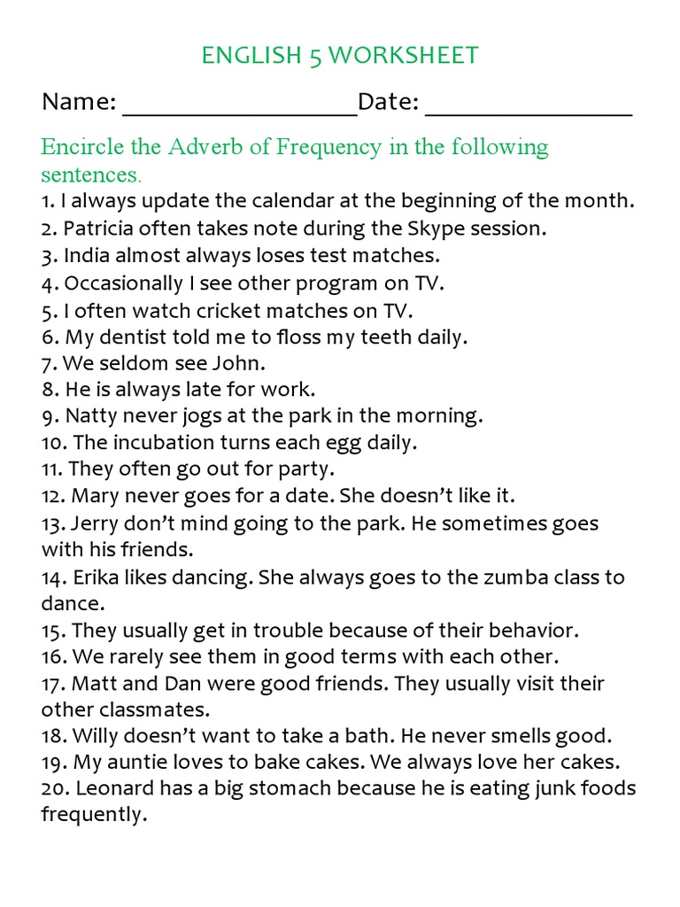 ENGLISH 5 WORKSHEET-Adverb of Frequency | PDF