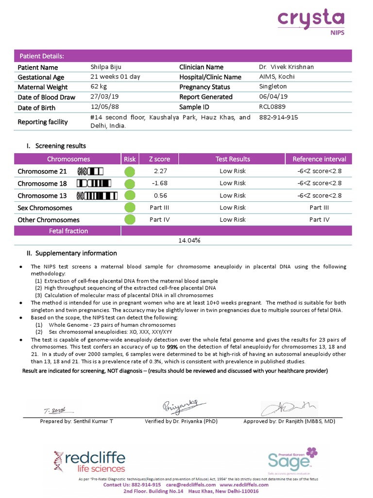 NIPT Sample Report | PDF | Medicine | Clinical Medicine