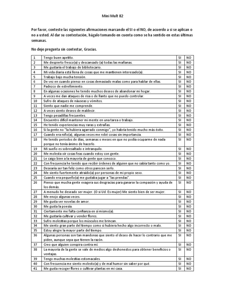 Cuestionario Test Mini Mult 82. | PDF