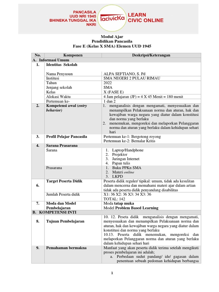 Modul Ajar Pendidikan Pancasila Fase E (Kelas X SMA) Elemen UUD 1945 ...