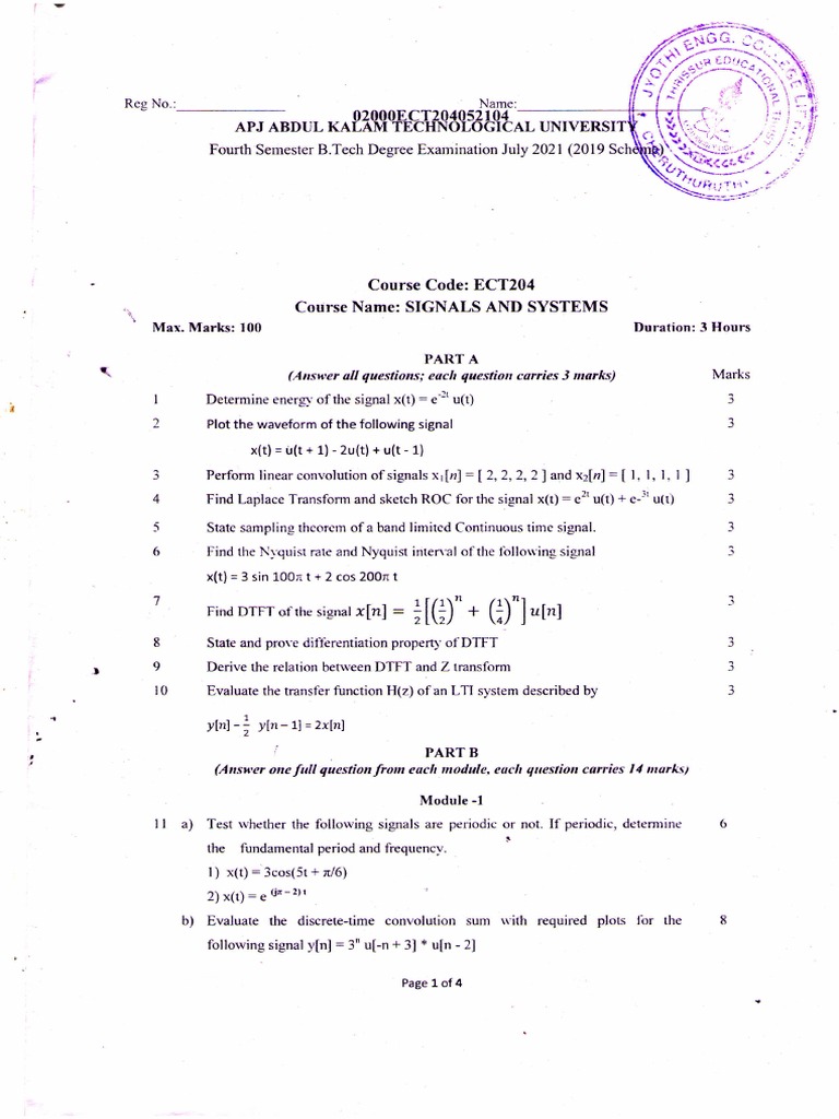 Ect204 Signals and Systems, July 2021 | PDF | Fourier Series | Fourier Transform