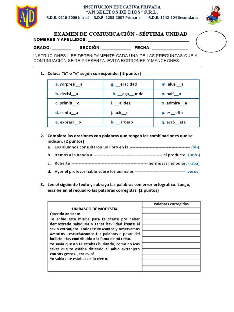 Examen de Comunicación Vii Unidad | PDF