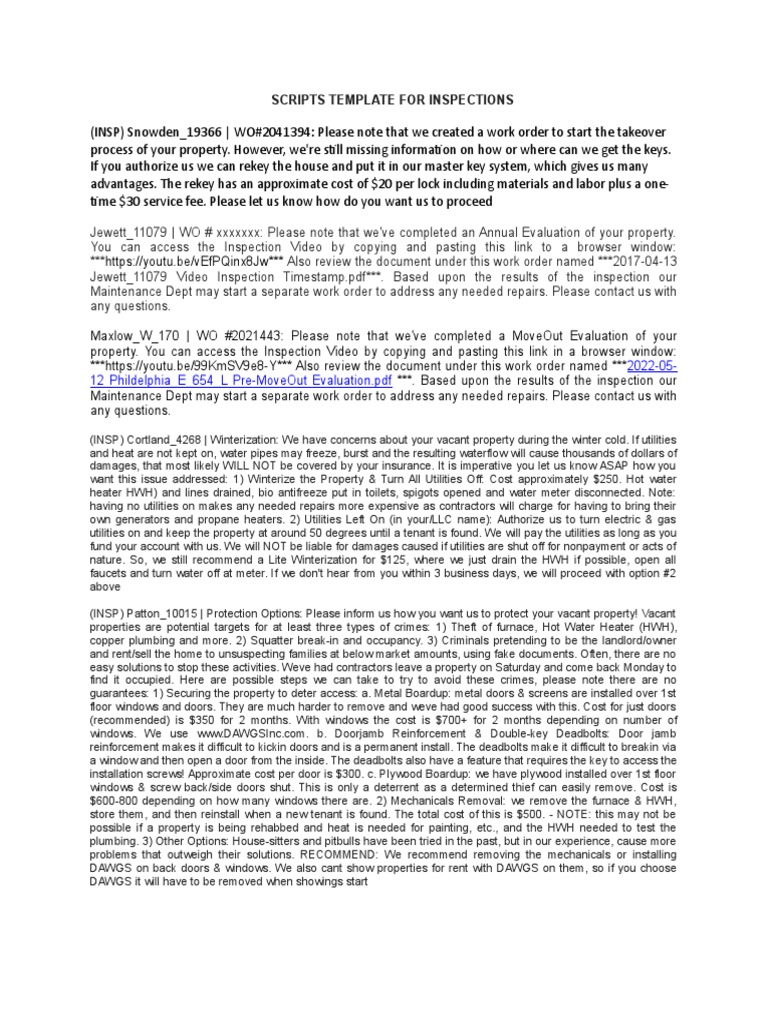 Scripts Template For Inspections | PDF | Lease | Water Heating