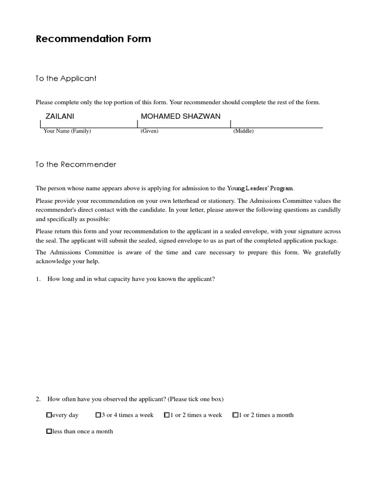 Recommendation Form New | PDF | Leadership | Creativity
