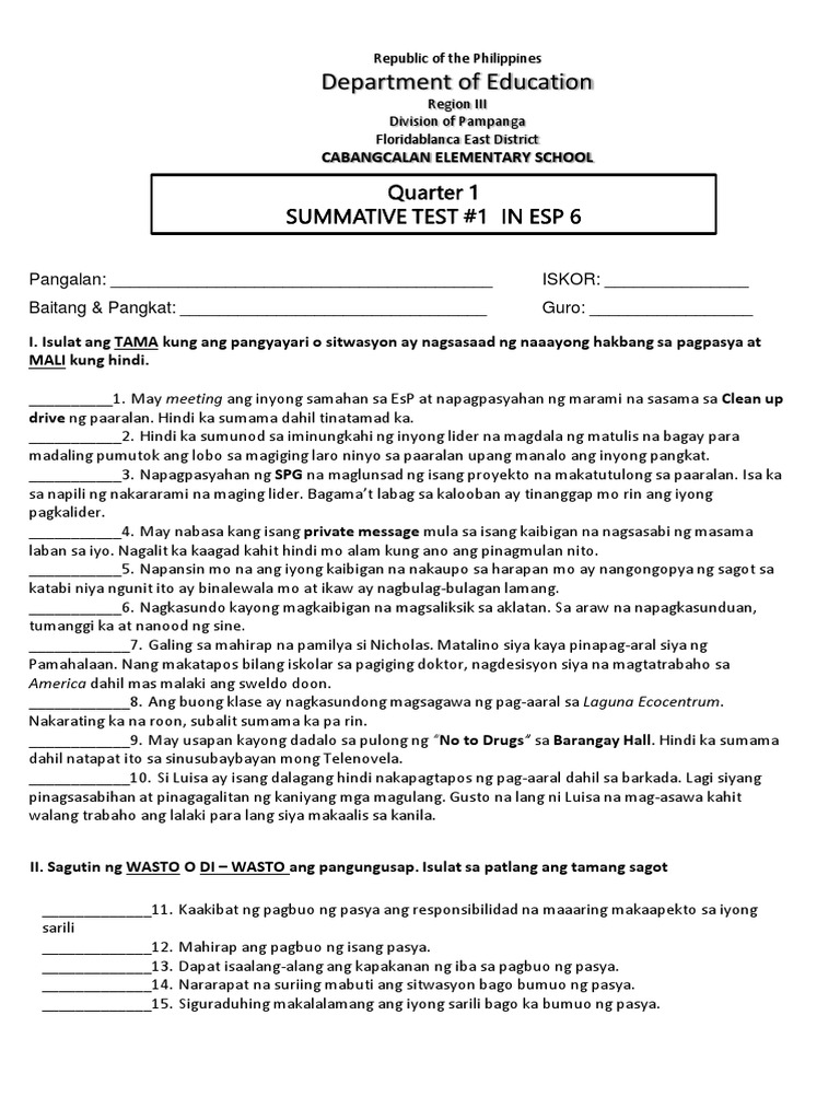Q1-Esp 6-Summative Test #1 | PDF