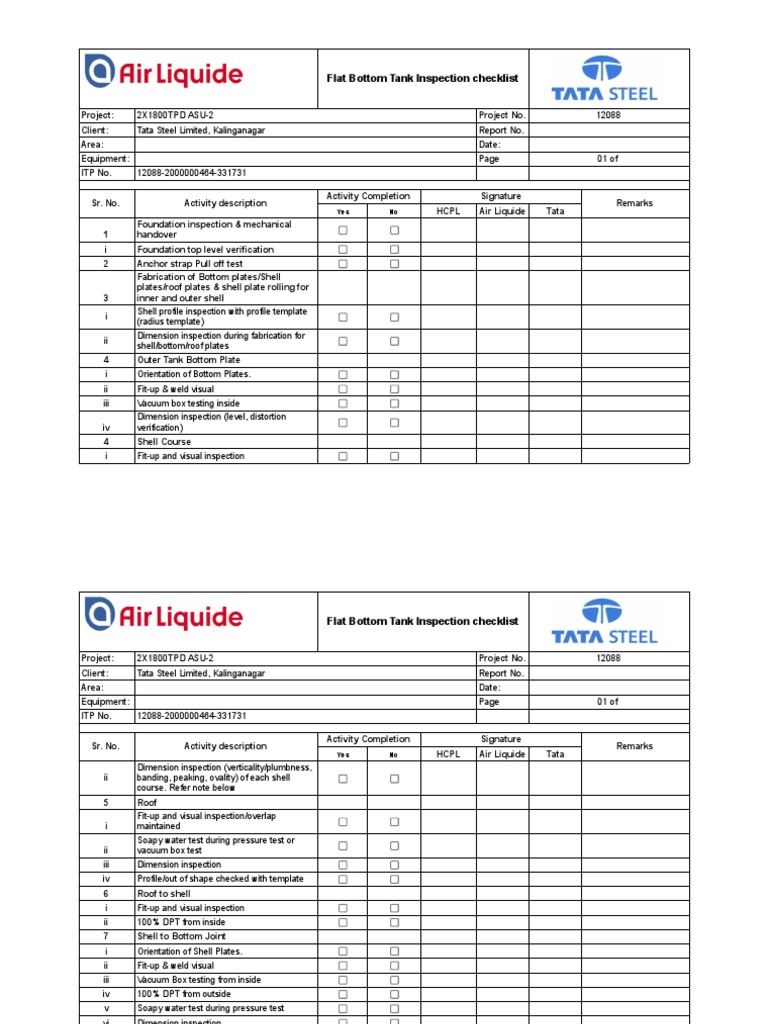 Flat Bottom Tank Inspection Checklist | PDF | Welding | Construction