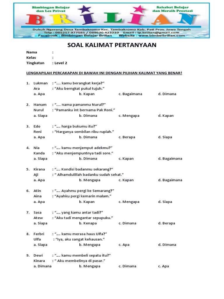 Soal Kalimat Tanya Siswa Kelas SD Level 2 | PDF