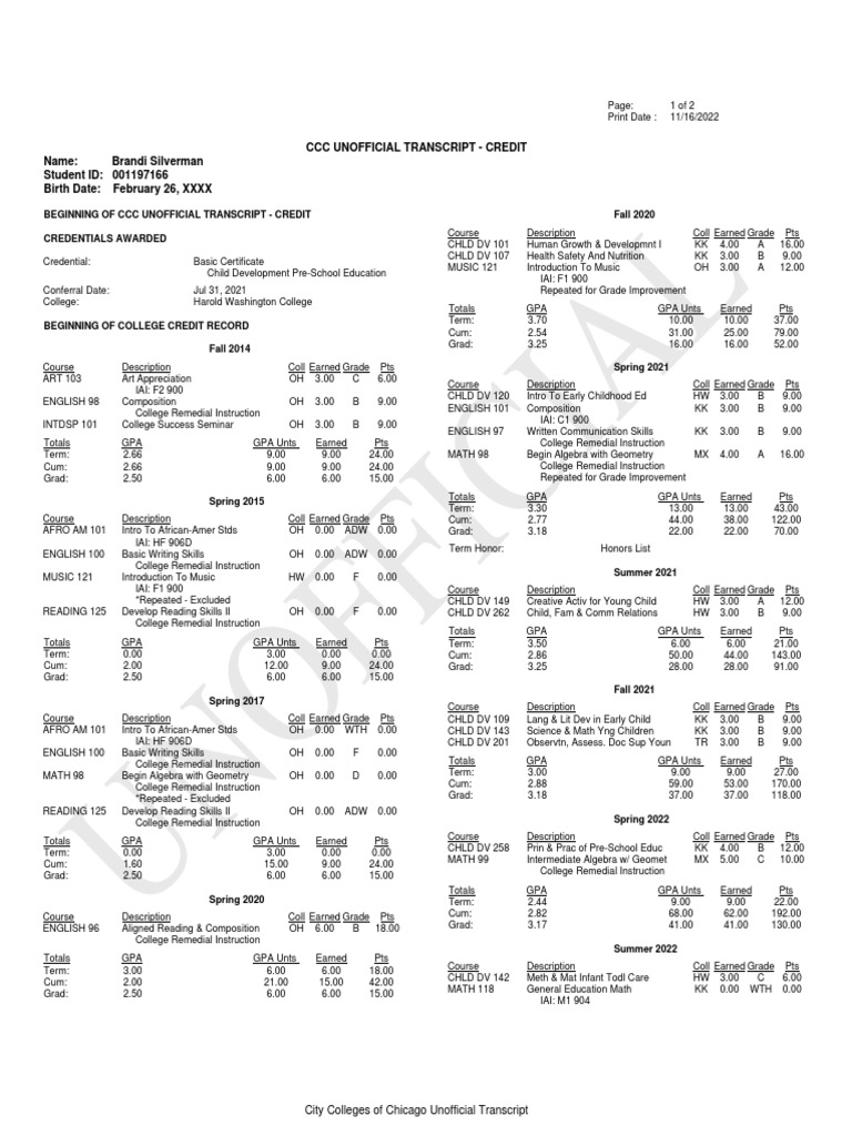Student Transcript Summary | PDF