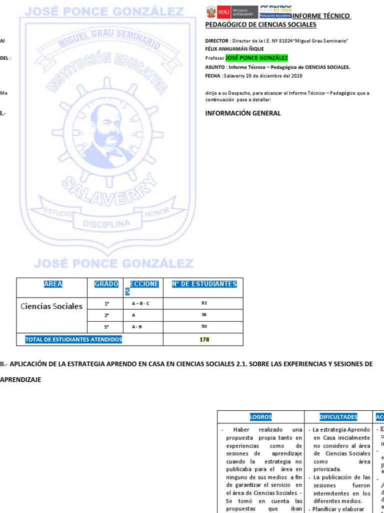 Informe Técnico Pedagógico de Ciencias Sociales | PDF | Evaluación | Aprendizaje