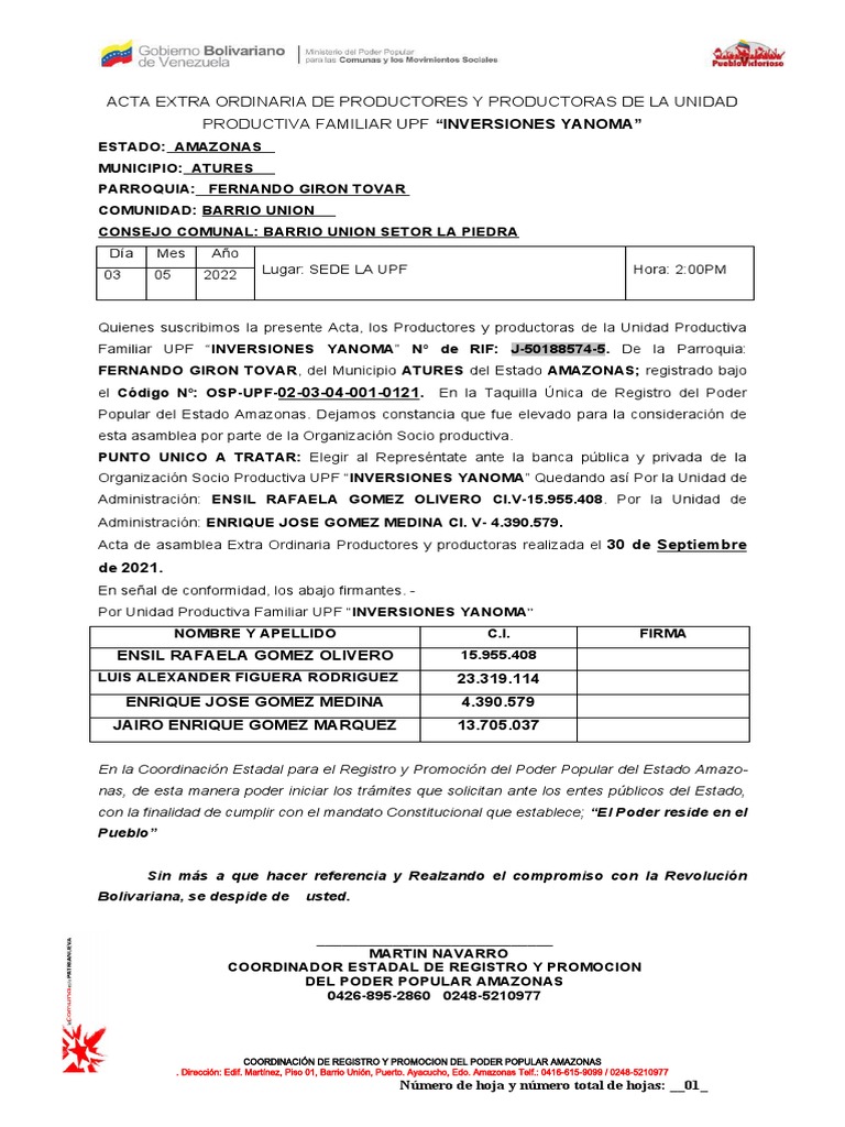 Acta de Asamblea de Productores y Productora YANOMA | PDF | Gobierno ...