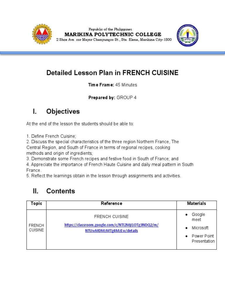 Detailed Lessonplan in FRENCH CUISINE GROUP-4 | PDF | French Cuisine ...