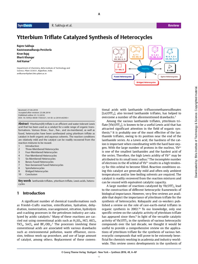 Ytterbium Triflate Catalyzed Synthesis o | PDF | Chemical Reactions | Amine