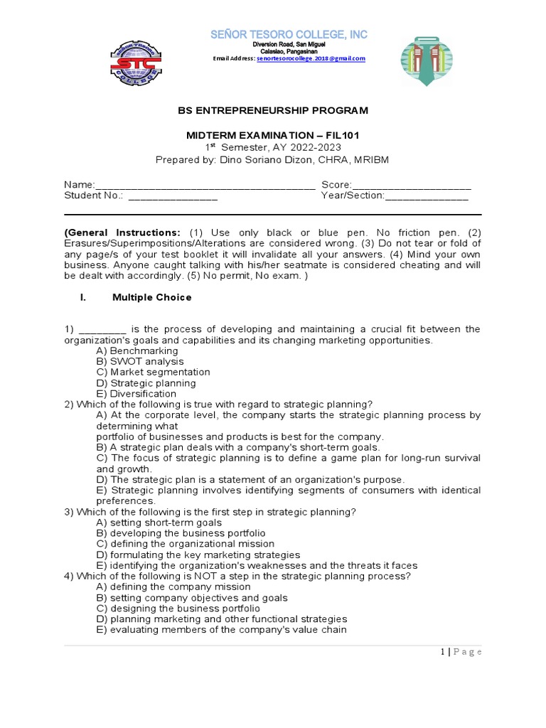 Midterm Examination - Fil101 | PDF | Strategic Management | Marketing