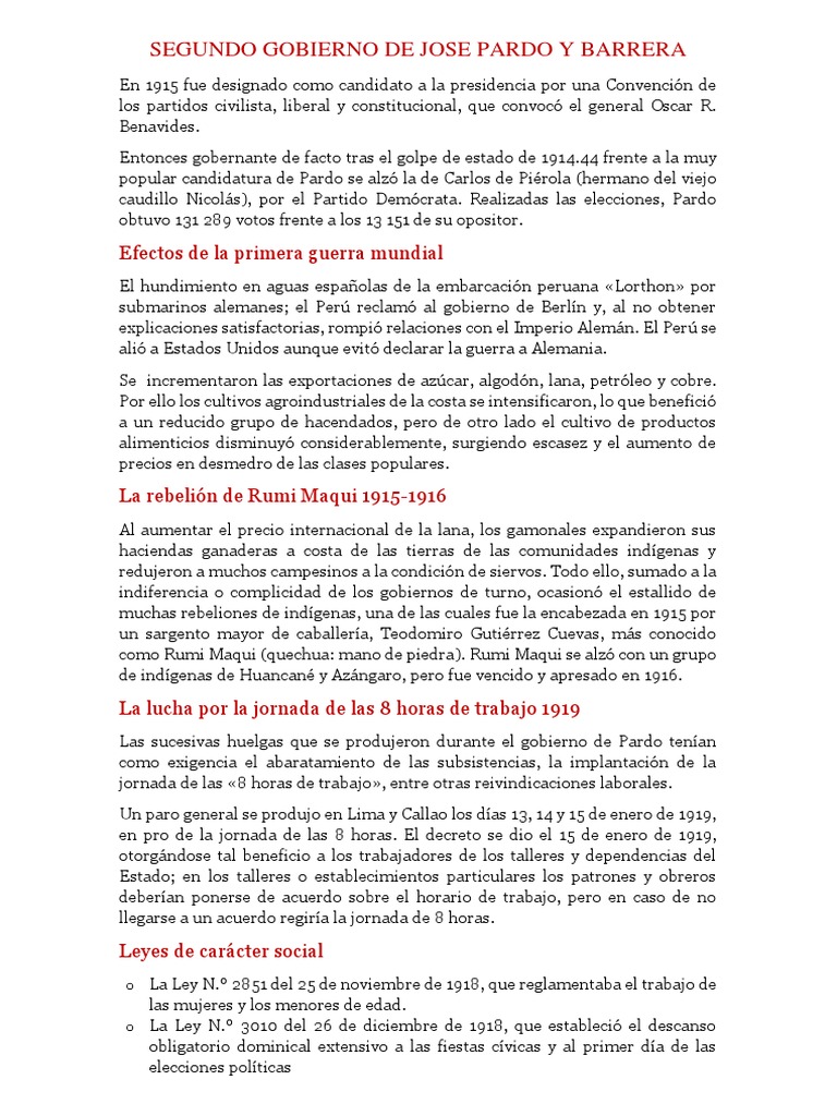 Segundo Gobierno de Jose Pardo y Barrera | PDF | Perú | Gobierno