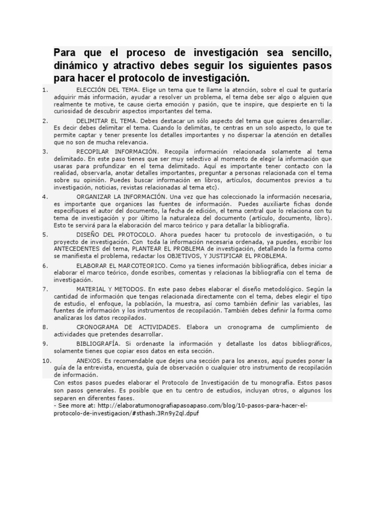 10 Sencillos Pasos de Un Protocolo de Investigacion | PDF | Información | Cognición