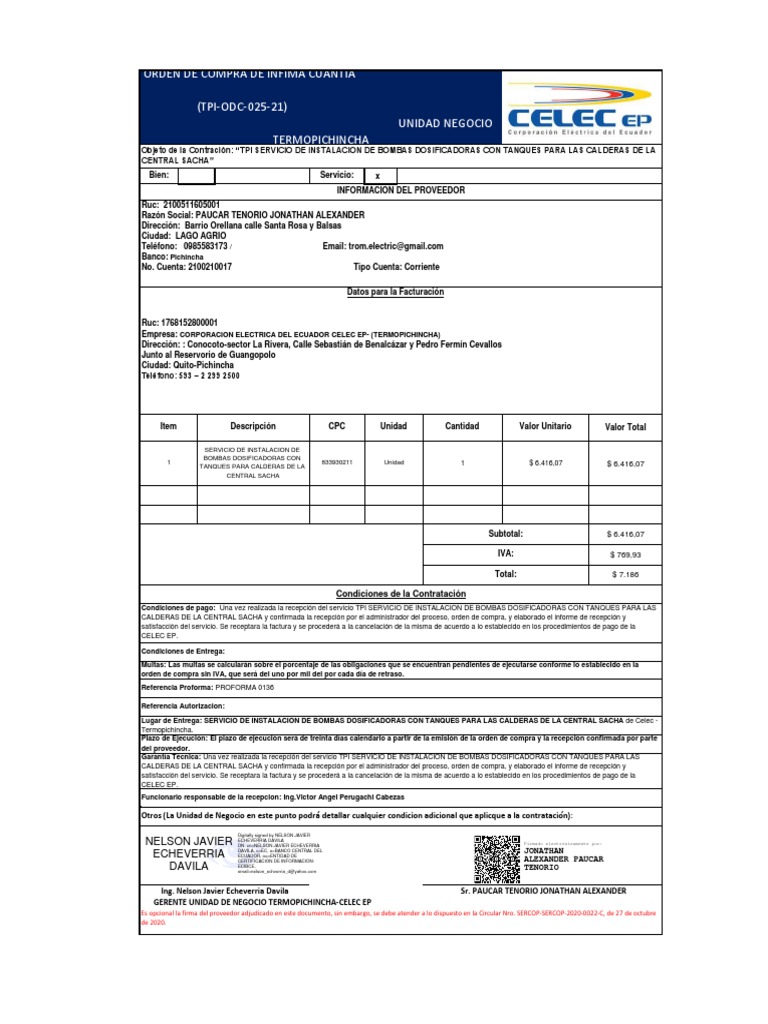 FORMATO ODC INFIMA CUANTIA - CELEC EP (Recuperado) - Convertido-1-Signed | PDF