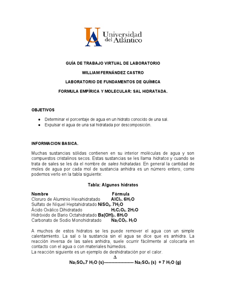 Laboratorio 9 Fórmula Empírica y Molecular Sal Hidratada | PDF | Sal ...