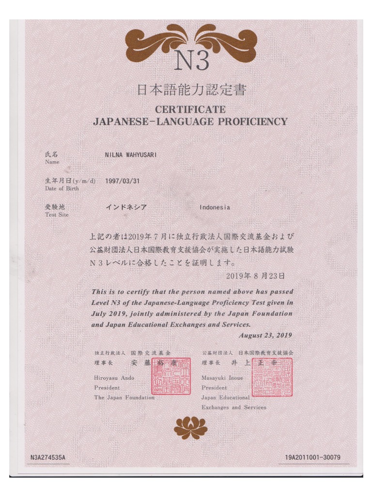 Sertifikat JLPT N3 | PDF