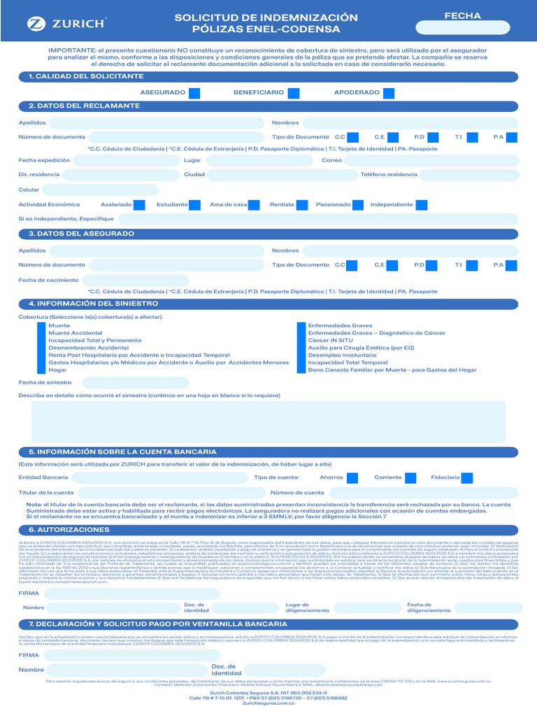 ZUR Solicitud Indemnizacion Enel v02 | PDF | Seguro | Póliza de seguros