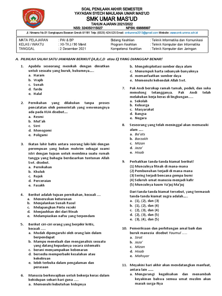 Pai Kelas Xii SMK Umma 2021 | PDF