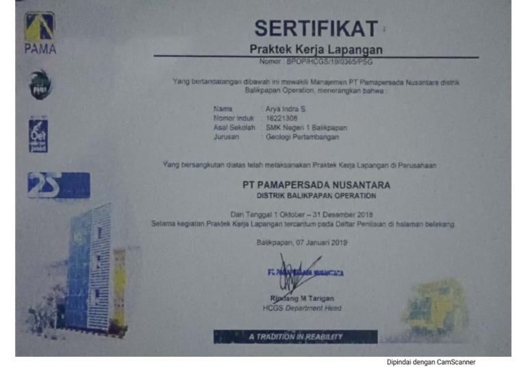Sertifikat PT Pamapersada | PDF
