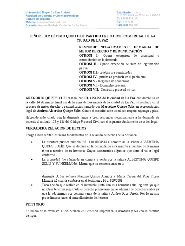 Contestacion Negativa | PDF | Demanda judicial | Ley procesal