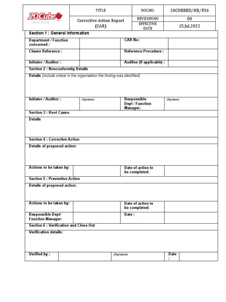 F36 - Corrective Action Report (CAR) | PDF