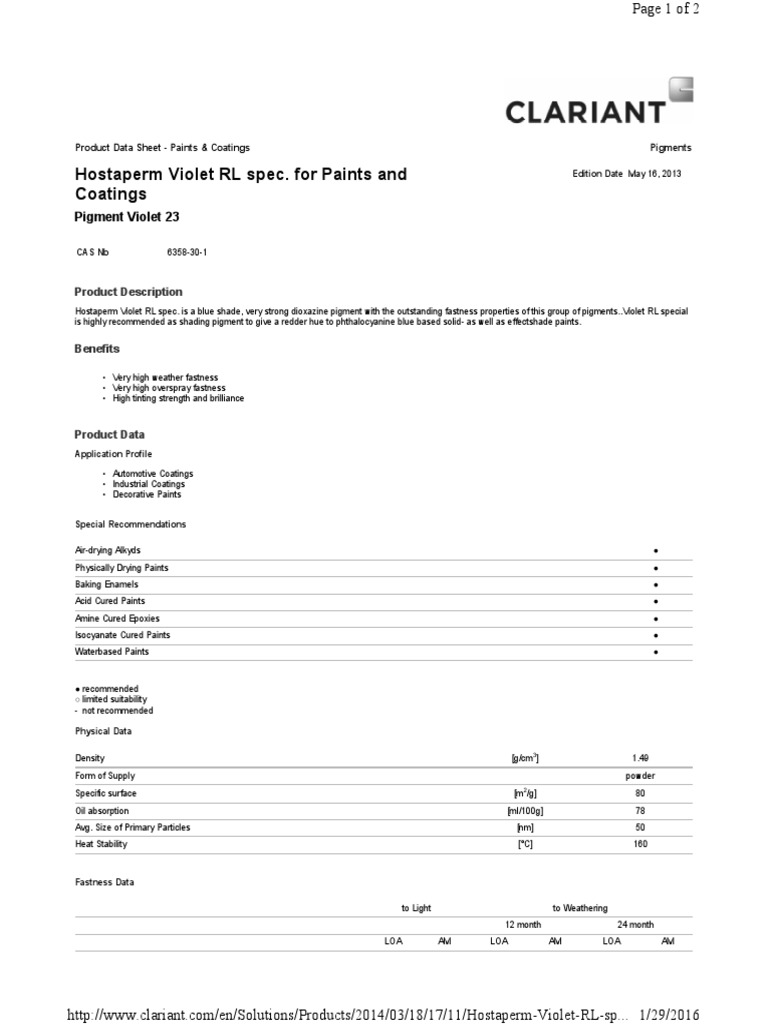 Hostaperm Violet RL Spec. For Paints and Coatings - Pigment Violet 23 | PDF | Paint | Pigment