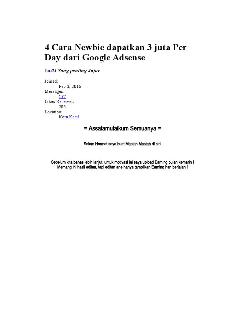 4 Cara Newbie Dapatkan 3 Juta Per Day Dari Google Adsense | PDF