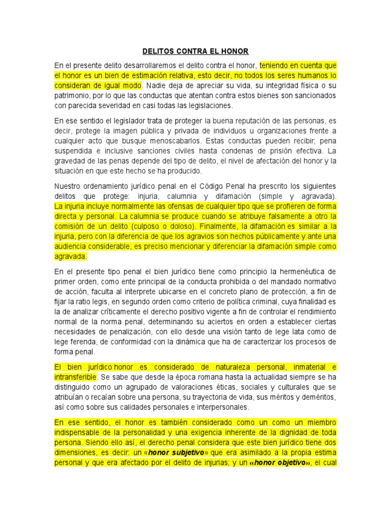 Delitos Contra El Honor | PDF | Derecho penal | Intención (Derecho Penal)
