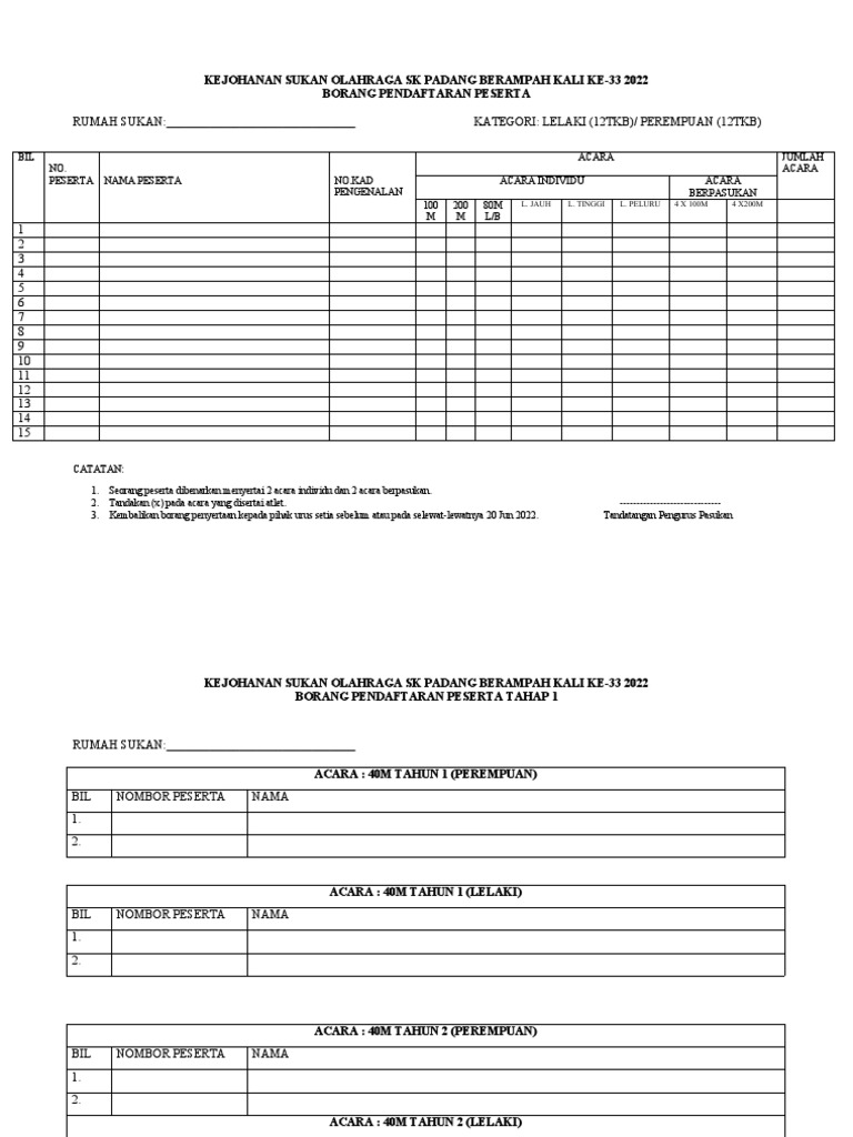 Borang Penyertaan Sukan SKPB 2022 | PDF