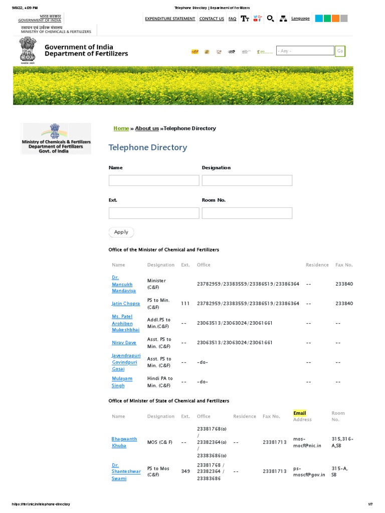 Department of Fertilizers Contact Directory | PDF