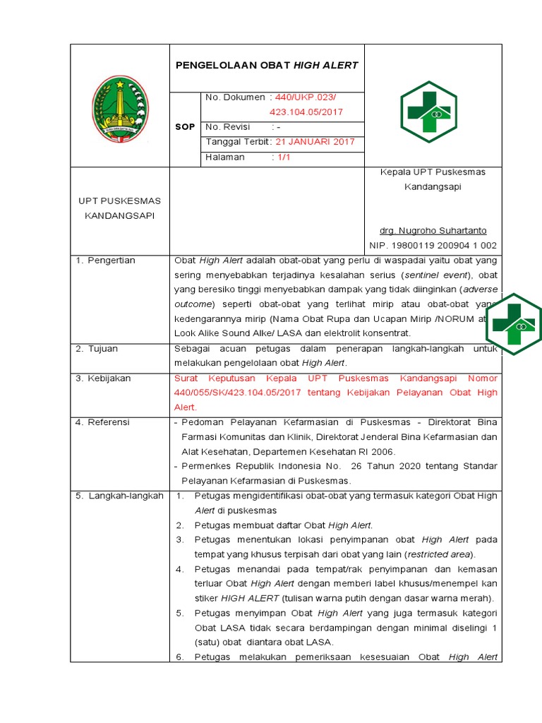 SOP Pengelolaan Obat HIGH ALERT | PDF