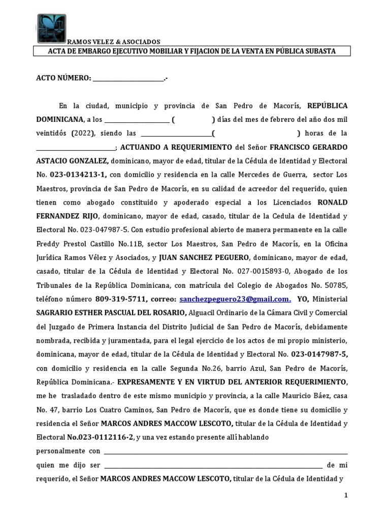Acta de Embargo Ejecutivo Mobiliar (Maccow) | PDF | República ...