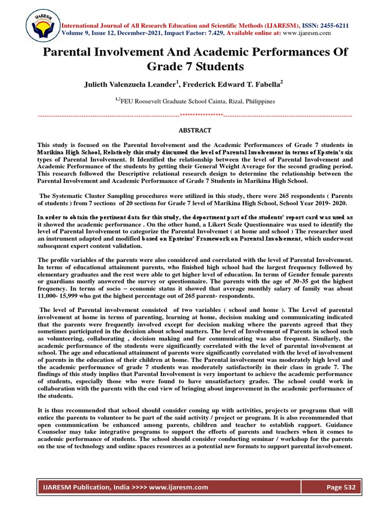 Parental Involvement in Grade 7 Academics | PDF | Schools | Teachers