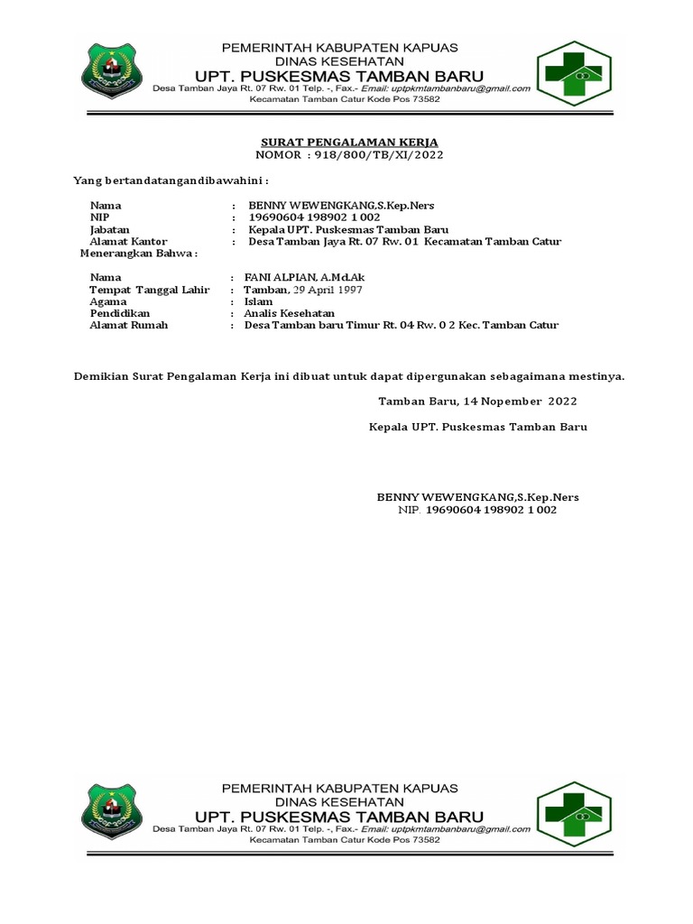 Surat Pengalaman Kerja Contoh | PDF