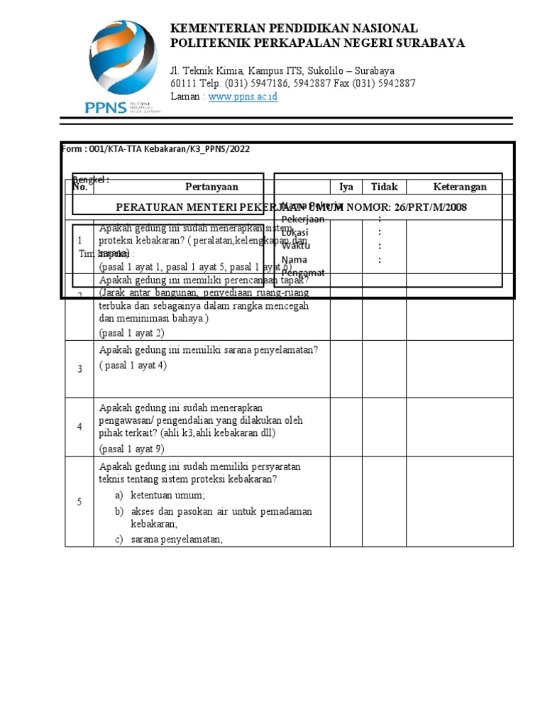 Form Inspeksi Kebakaran | PDF | Teknologi & Rekayasa