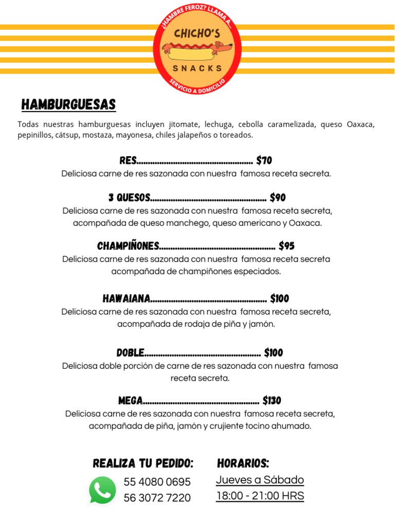 Menú Chicho's | PDF | Hamburguesas | Taco