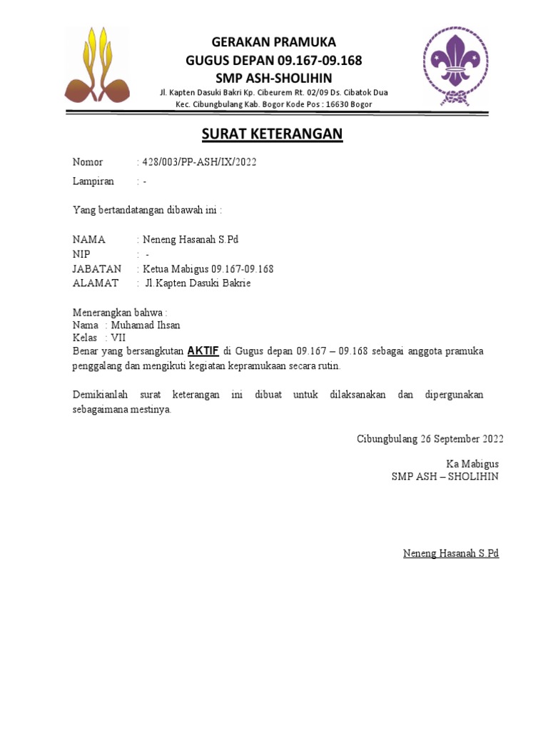 Surat Keterangan Pramuka SMP Ash-Sholihin | PDF