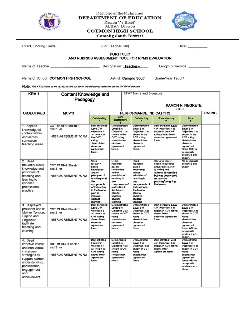 RPMS Scoring Guide 2022 | PDF | Teaching Method | Learning