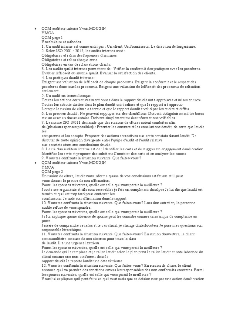 QCM Audit Interne par Yvon Mougin | PDF | Audit