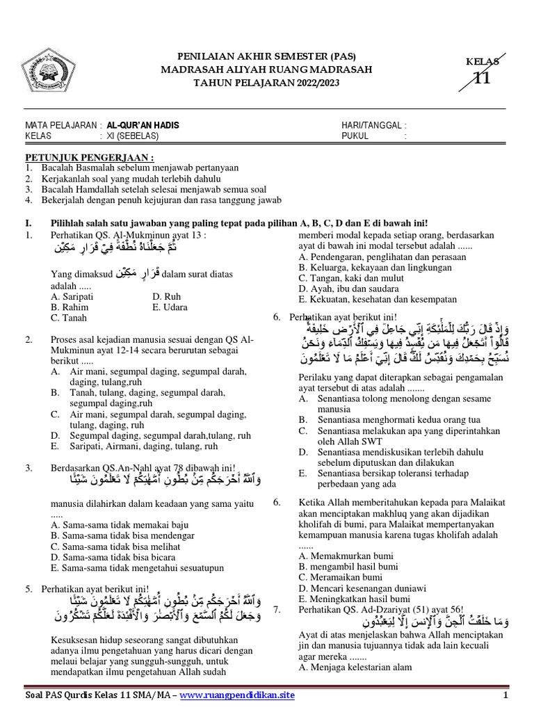 Soal Qurdis Kelas 11 | PDF
