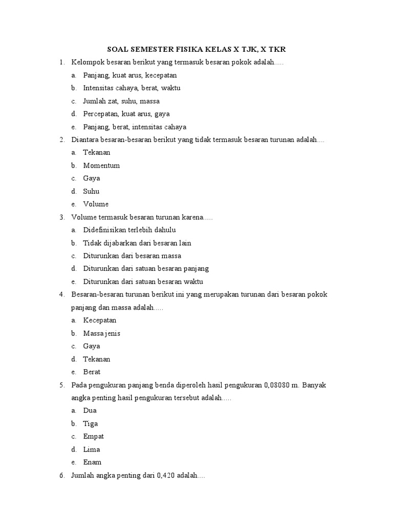 Soal Fisika Kelas X TJK, X TKR | PDF