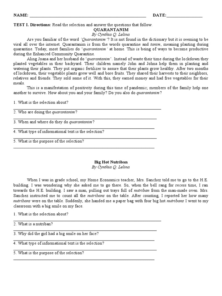 English 6 Q2-Summative Test Week 1 | PDF