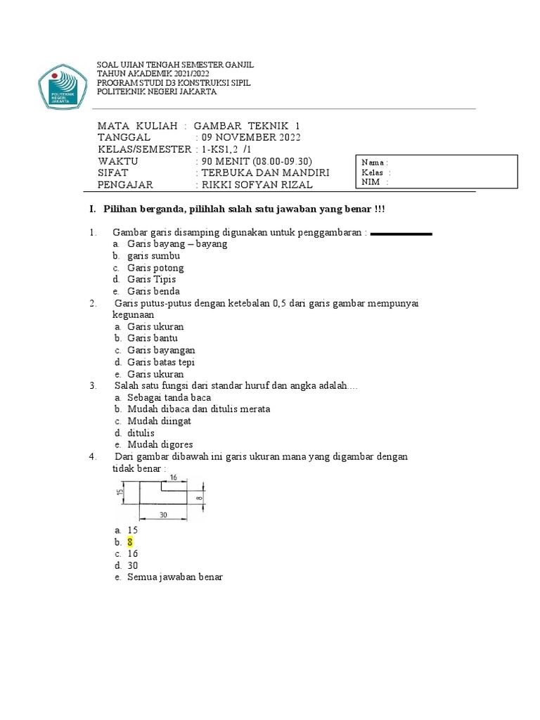 Soal UTS Gambar Teknik 1 1KS1 | PDF