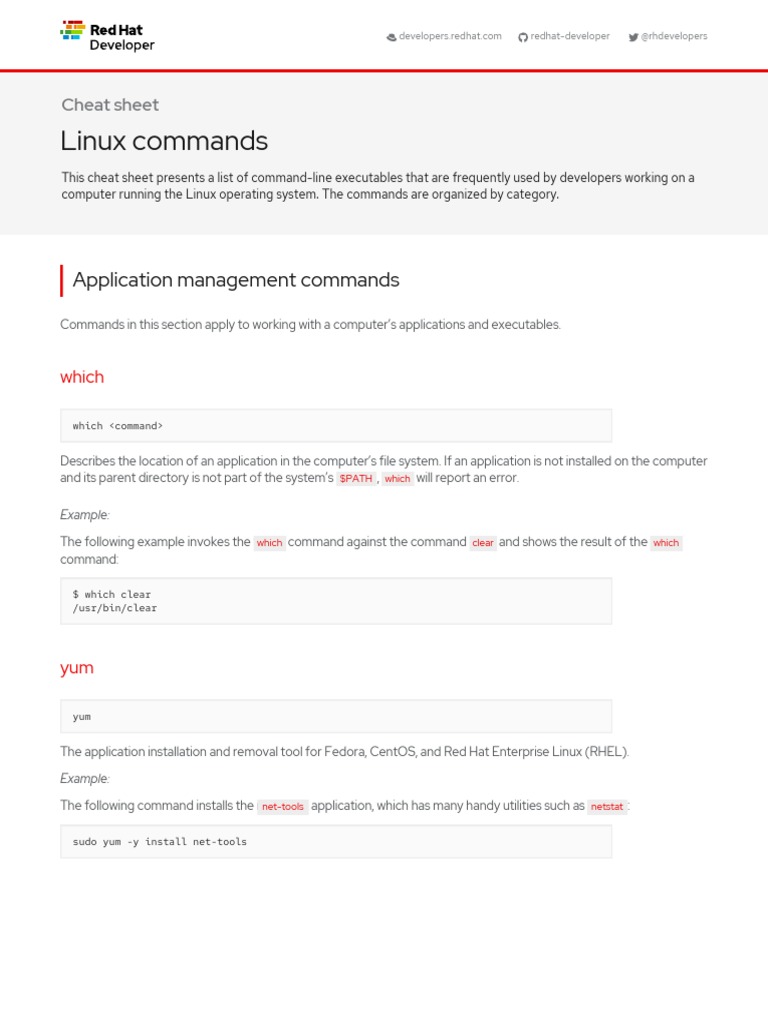 Linux Commands Cheat Sheet Red Hat Developer | PDF | Command Line Interface | Sudo