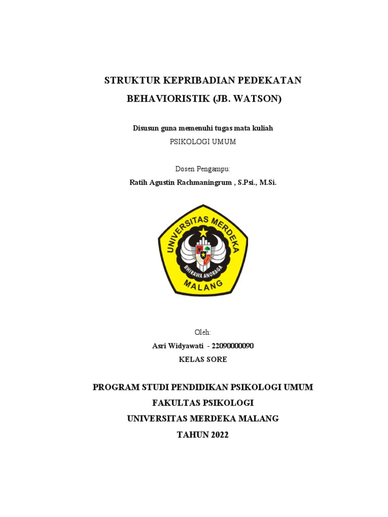 Struktur Kepribadian Pendekatan Behavioristik (JB Watson) - Asri Widyawati (22090000090) | PDF