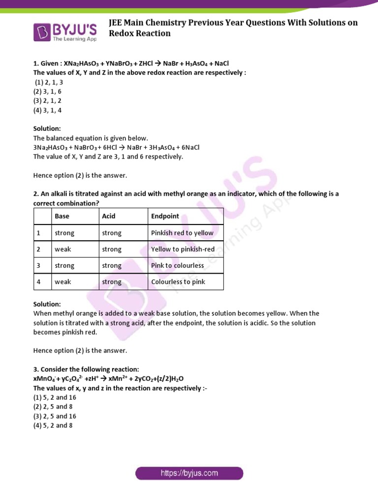 JEE Main Chemistry Previous Year Questions With Solutions On Redox Reaction | PDF | Redox ...