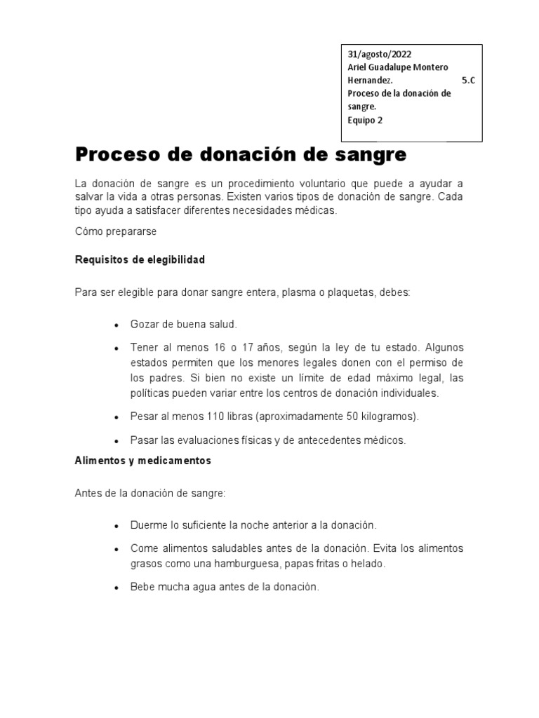 Proceso de Donación de Sangre | PDF | Donación de sangre | Sangre